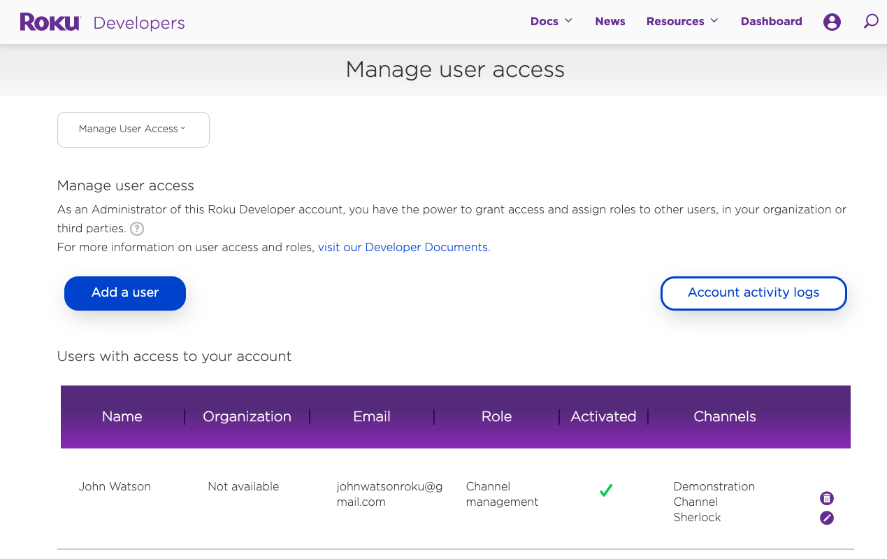 User access management in the Developer Dashboard | Roku Developer