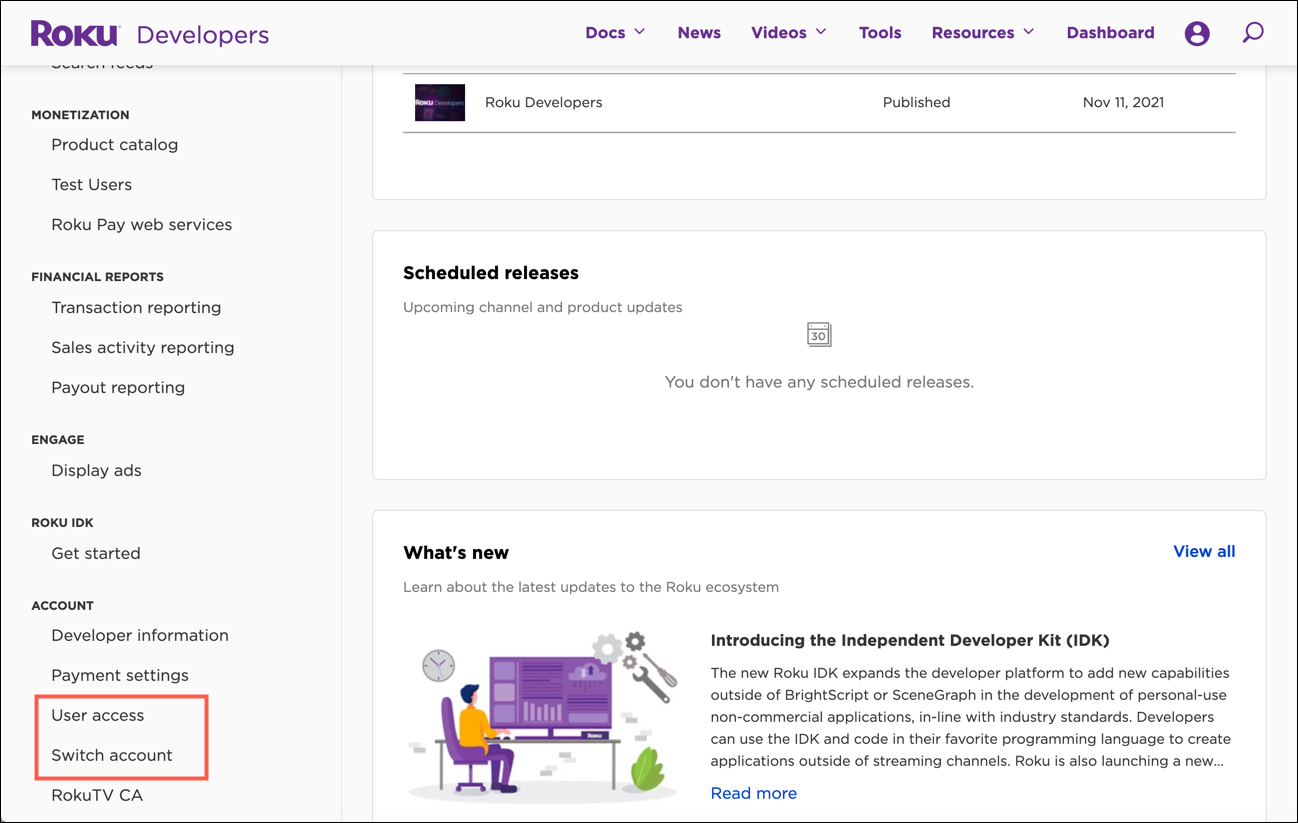 User access management in the Developer Dashboard | Roku Developer