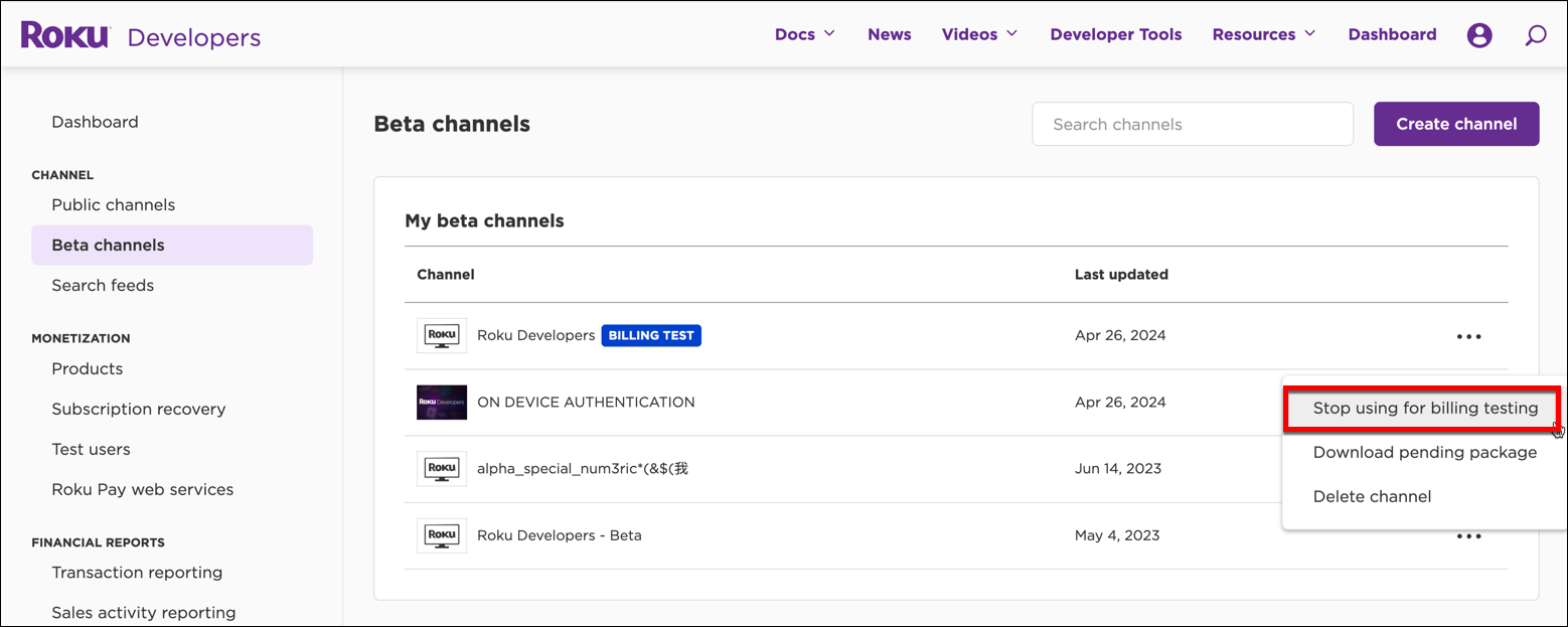 Enabling billing testing | Roku Developer