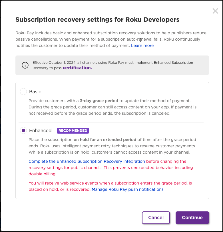 Subscription Recovery settings | Roku Developer